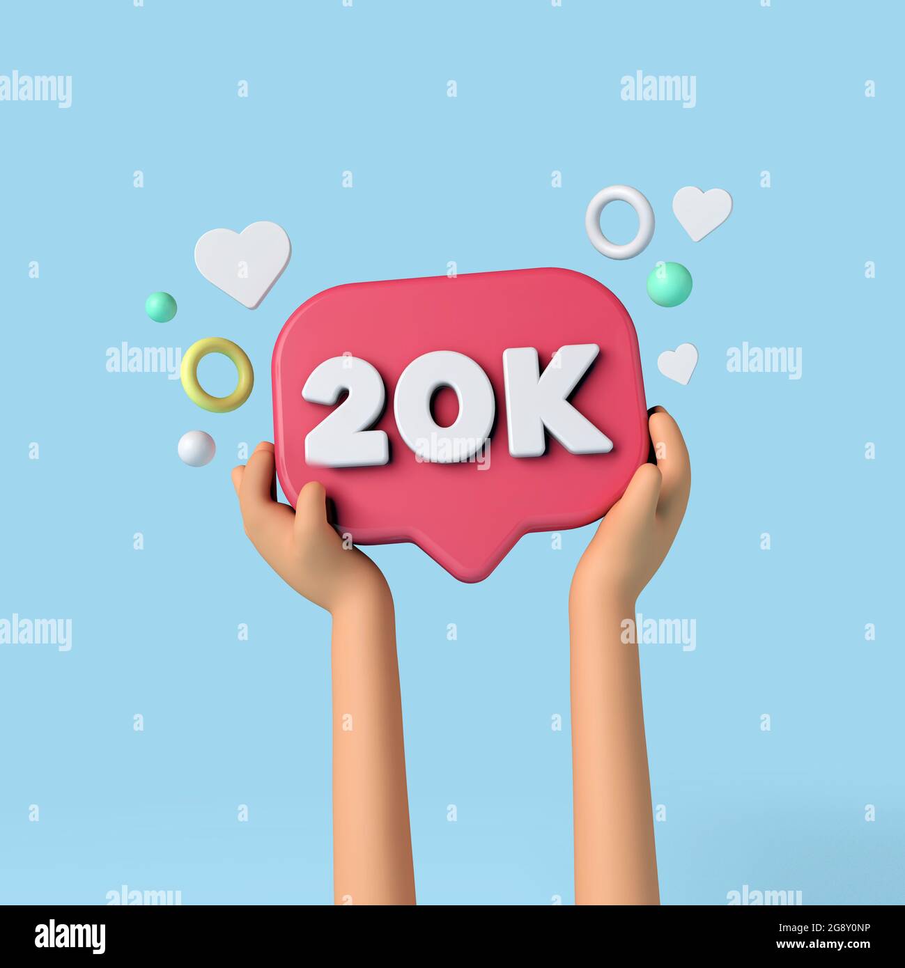 20k social media subscribers sign held by an influencer. 3D Rendering ...