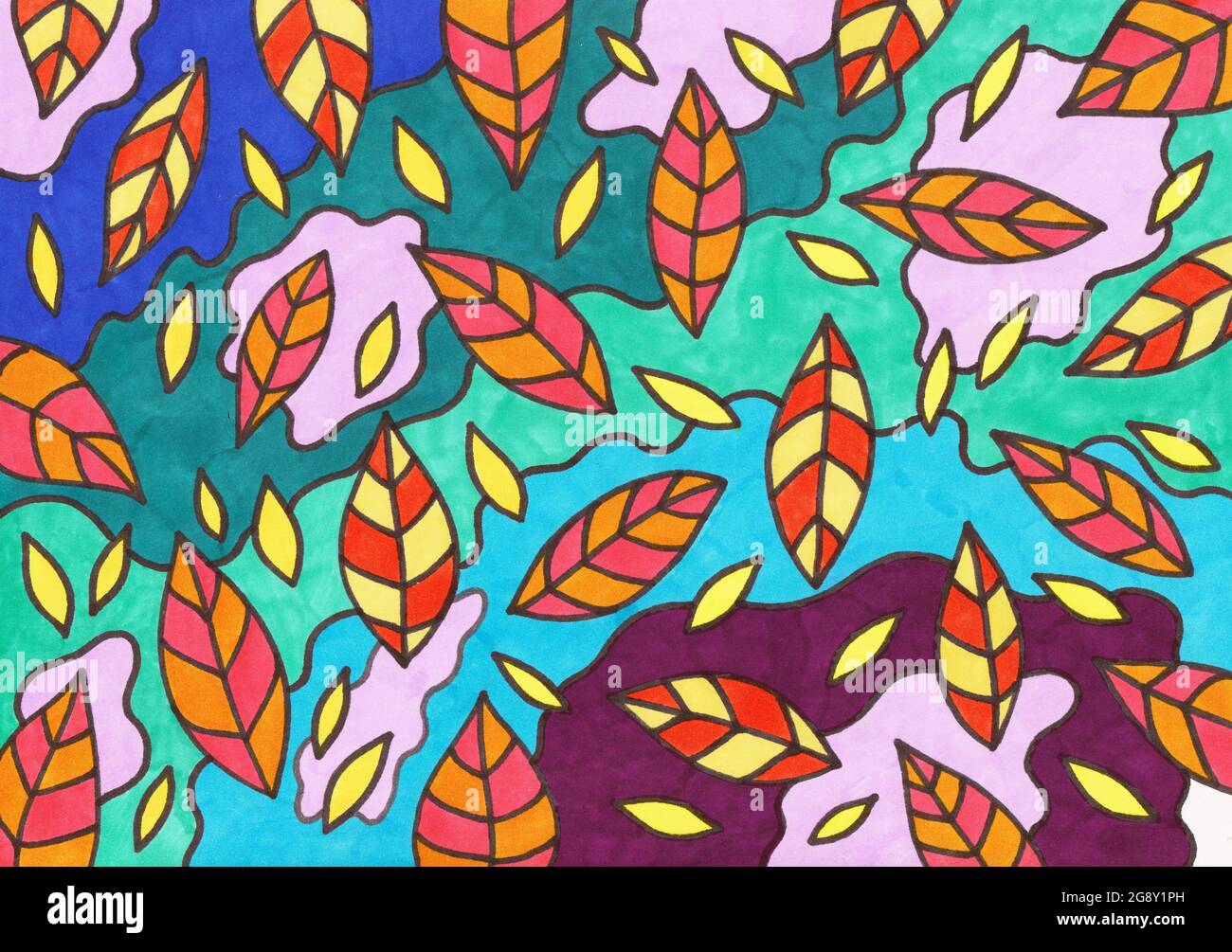 Autumn golden leaves fall. Waves. Marker drawing background. Abstract ...