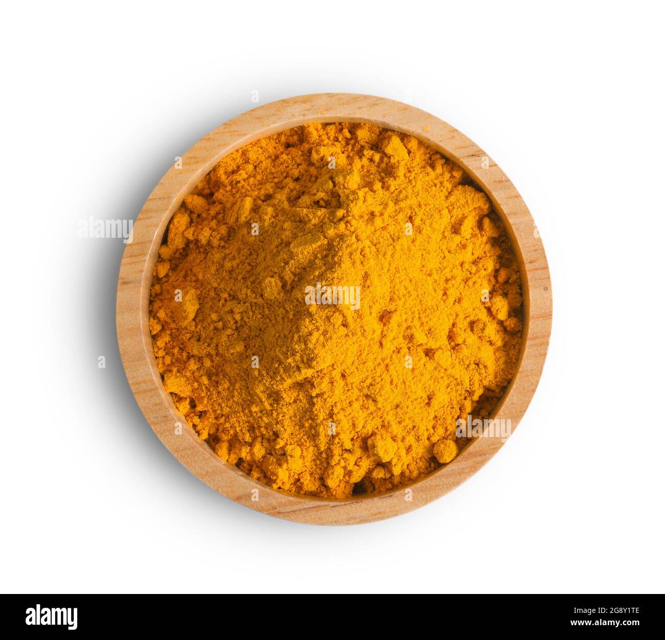 Turmeric (Curcuma) powder pile in wood bowl isolated on white ...