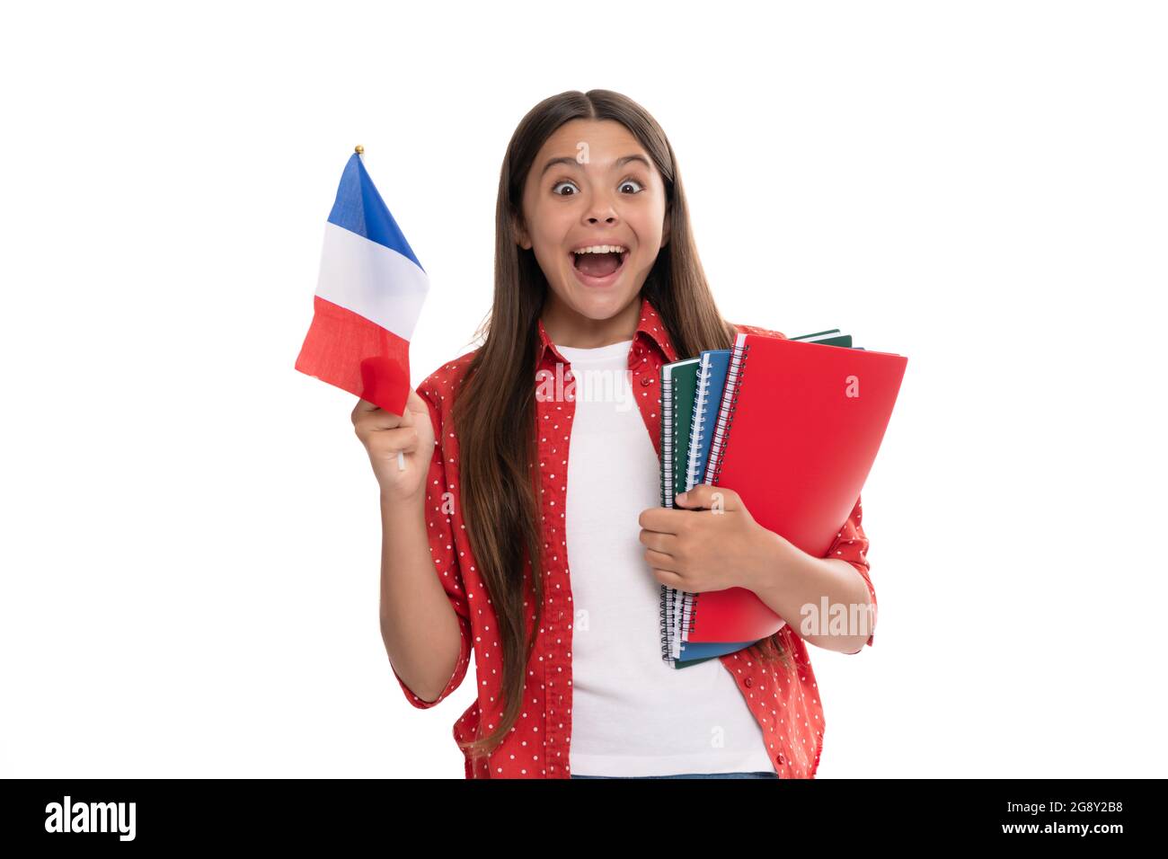 amazed kid hold french flag and school copybook for studying isolated ...