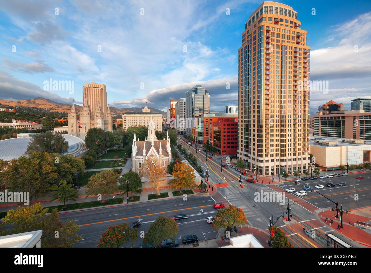 Salt Lake City, Utah, USA downtown cityscape over Temple Square at dusk ...