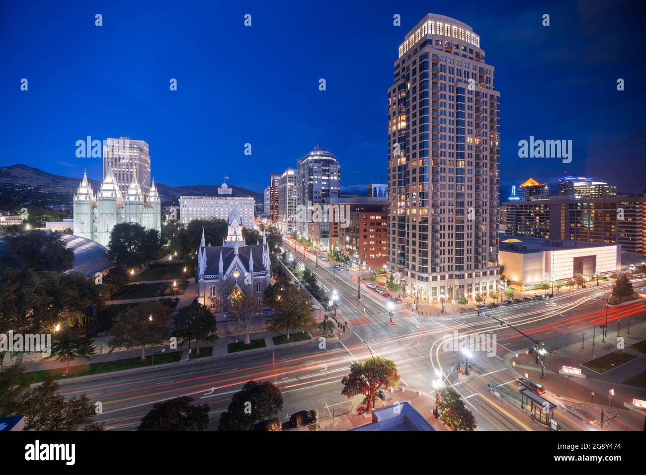 Salt Lake City, Utah, USA downtown cityscape over Temple Square at dusk ...
