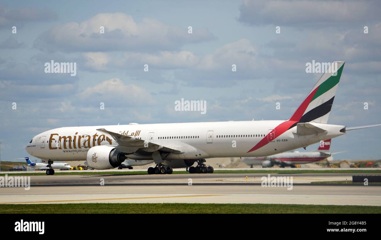 CHICAGO, UNITED STATES - Jul 09, 2021: The Emirates Boeing 777-300ER ...