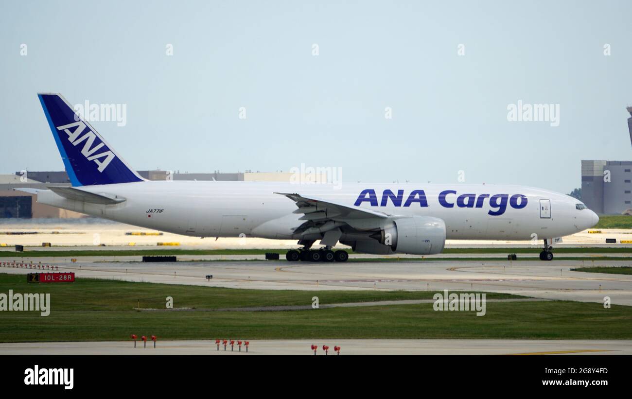 CHICAGO, UNITED STATES - Jul 09, 2021: The ANA Cargo Boeing 777 taxis ...