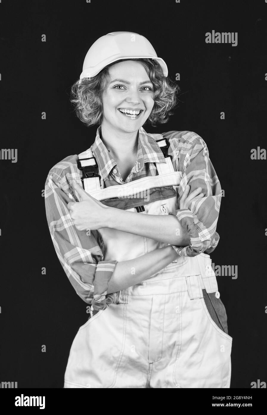 female construction worker. female builder in hardhat. woman engineer ...