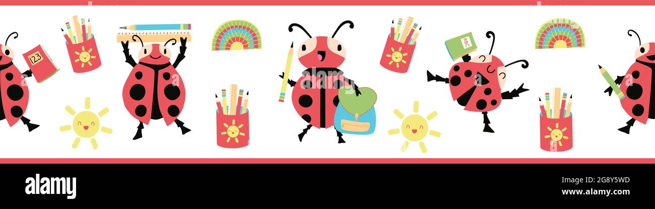 Ladybug back to school vector seamless border. Fun cartoon banner ...