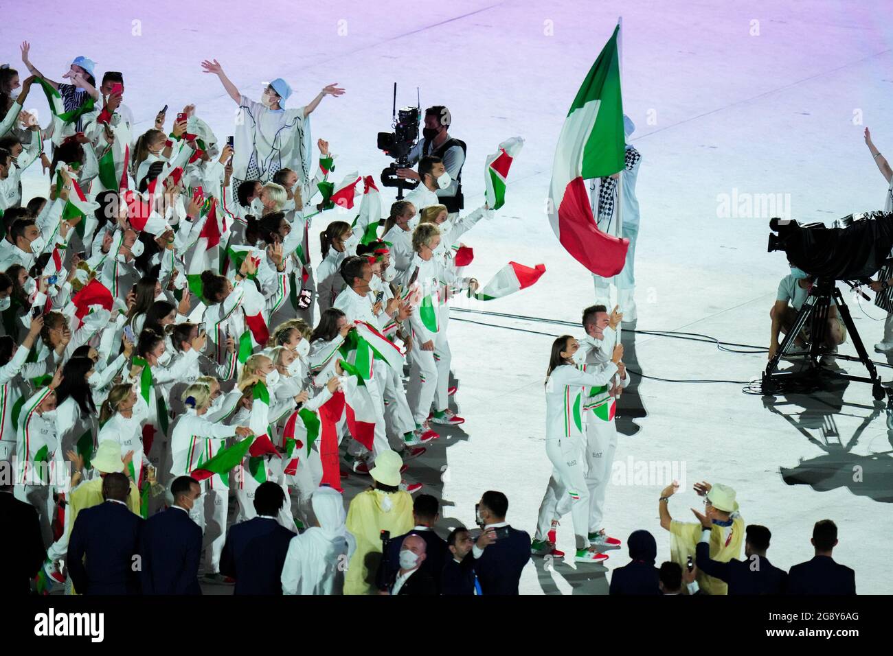 Tokyo, Japan. 23rd July, 2021. TOKYO, JAPAN - JULY 23: Flag bearers ...