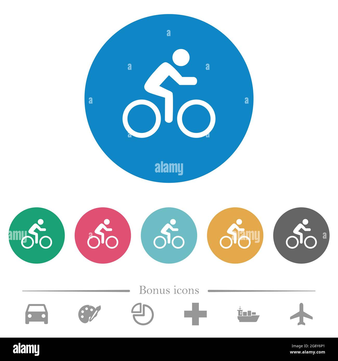 Bicycle with rider flat white icons on round color backgrounds. 6 bonus ...