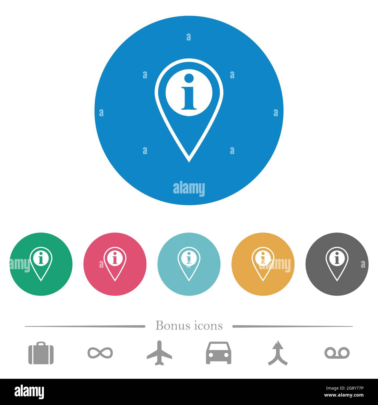 GPS location info flat white icons on round color backgrounds. 6 bonus ...