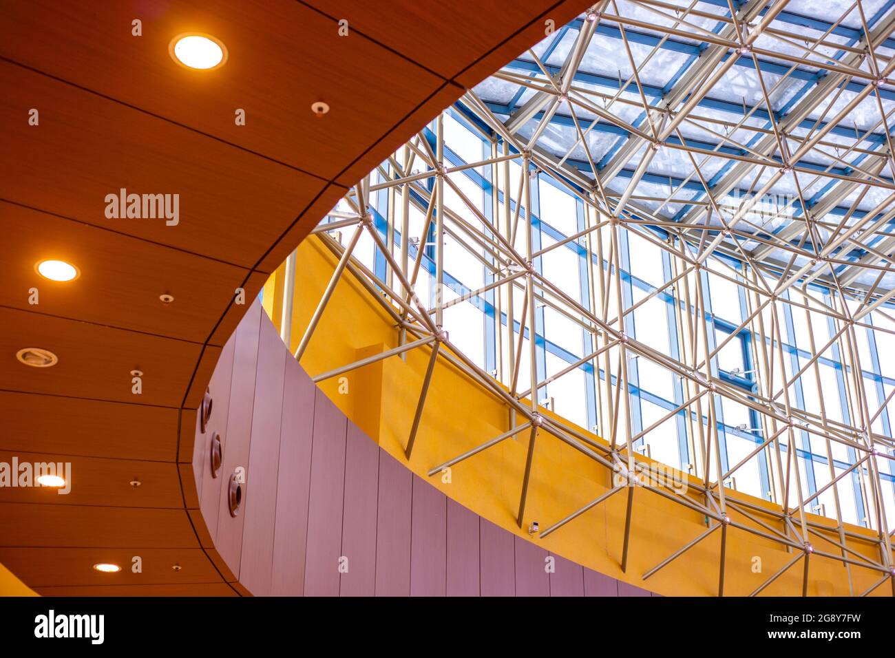 metal structures of the ceiling of a large tall building Stock Photo ...