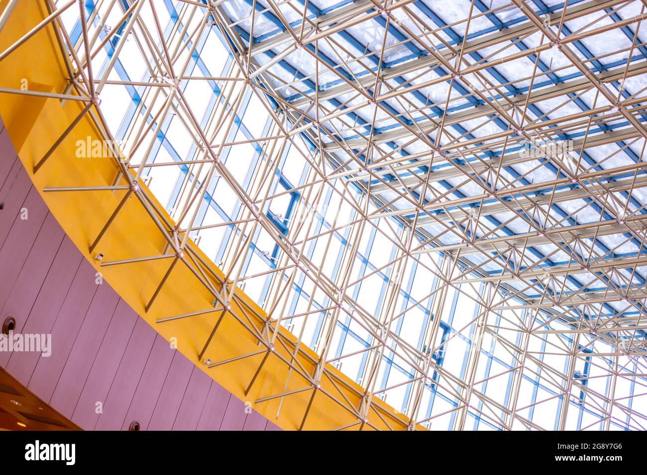 metal structures of the ceiling of a large tall building Stock Photo ...