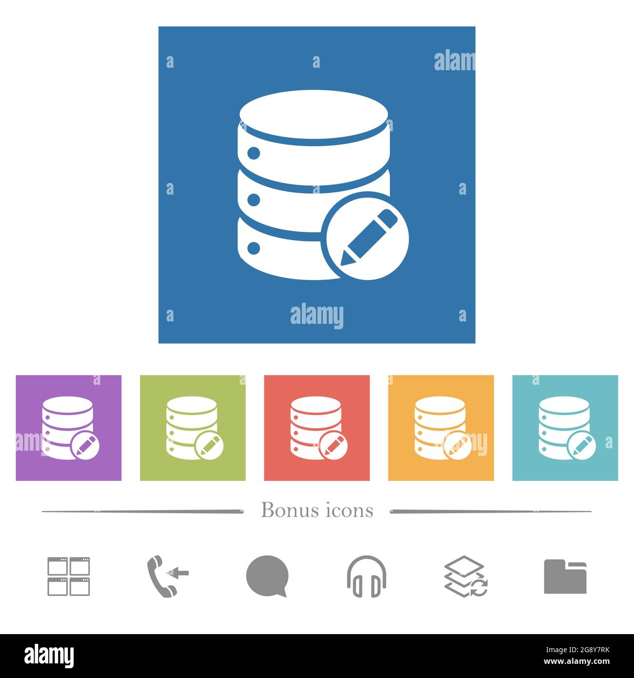 Database edit flat white icons in square backgrounds. 6 bonus icons ...