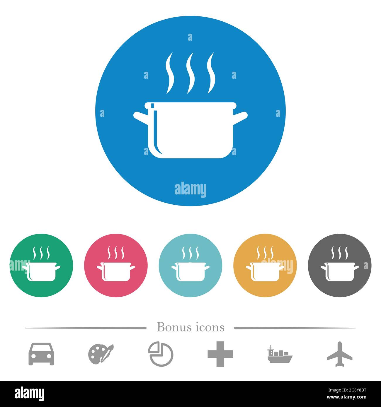 Steaming glossy pot flat white icons on round color backgrounds. 6 ...