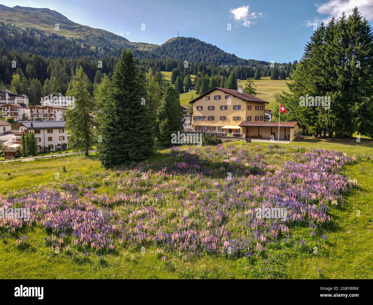 Valbella, Switzerland - 10 July 2021: Flower garden in front of a house ...