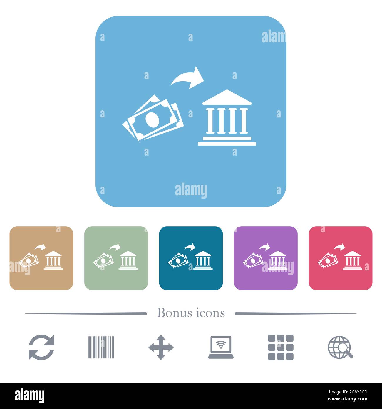 Cash deposit to bank white flat icons on color rounded square ...