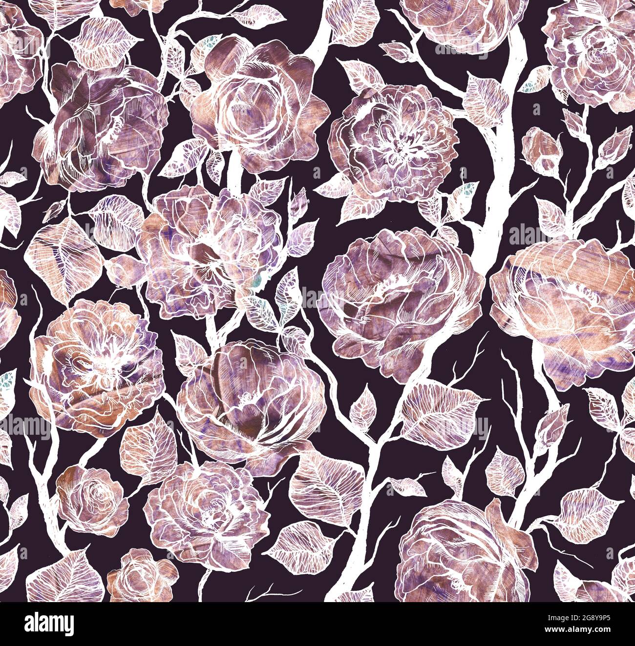 Abstract hand drawn graphic floral pattern with roses and leaf on ...