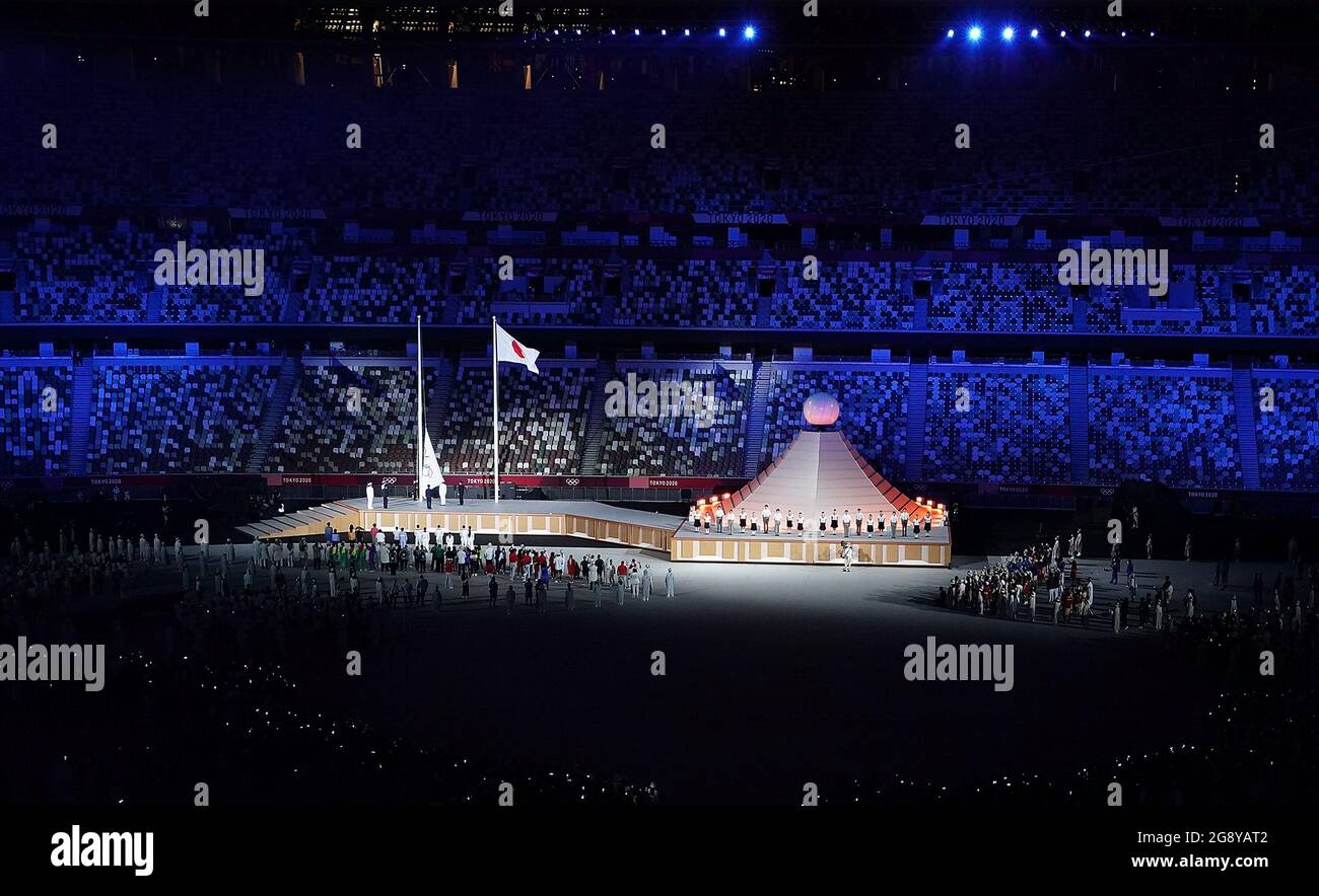 Tokyo, Japan. 23rd July, 2021. The Olympic flag and the Japanese ...