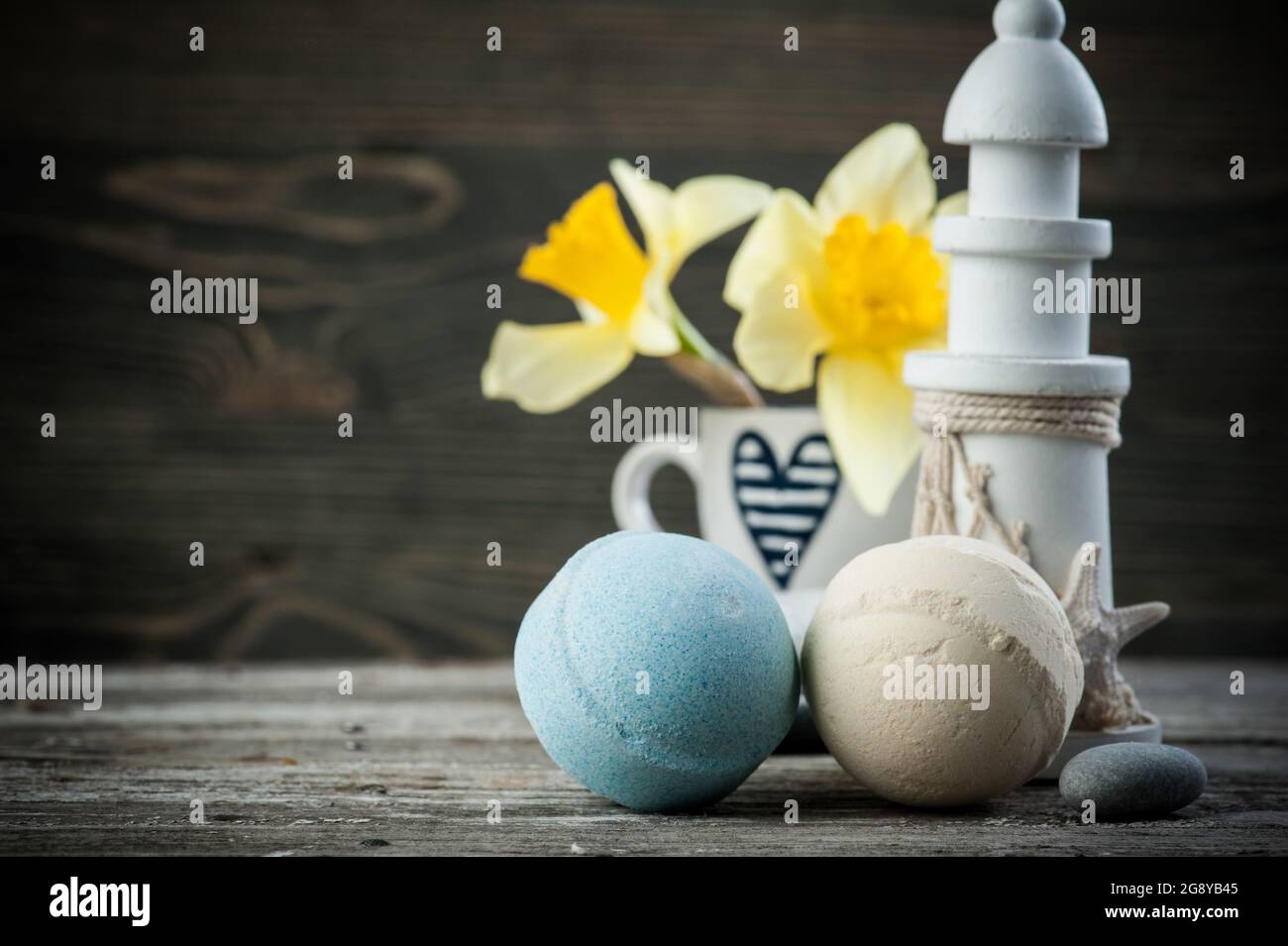 Nautical SPA Background. Blue bath bomb and spa decoation on old wooden ...