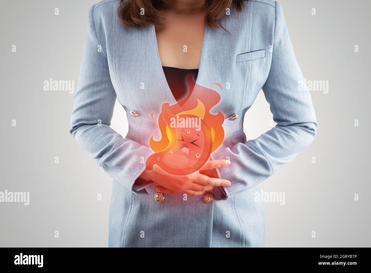 Acid reflux disease symptoms or heartburn, illustration stomach burn on ...