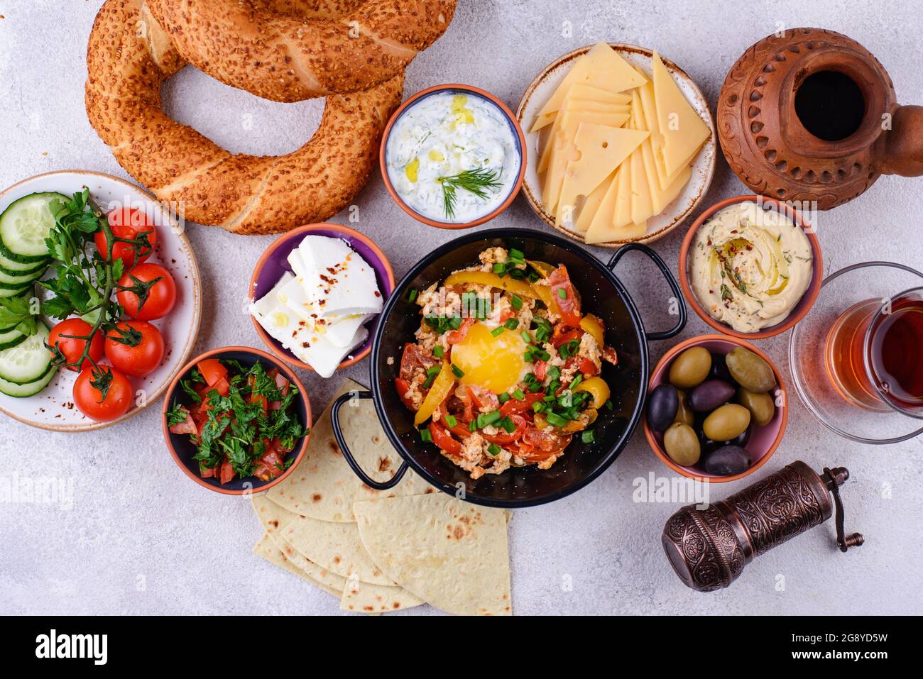 Traditional Turkish breakfast with meze and simit Stock Photo - Alamy