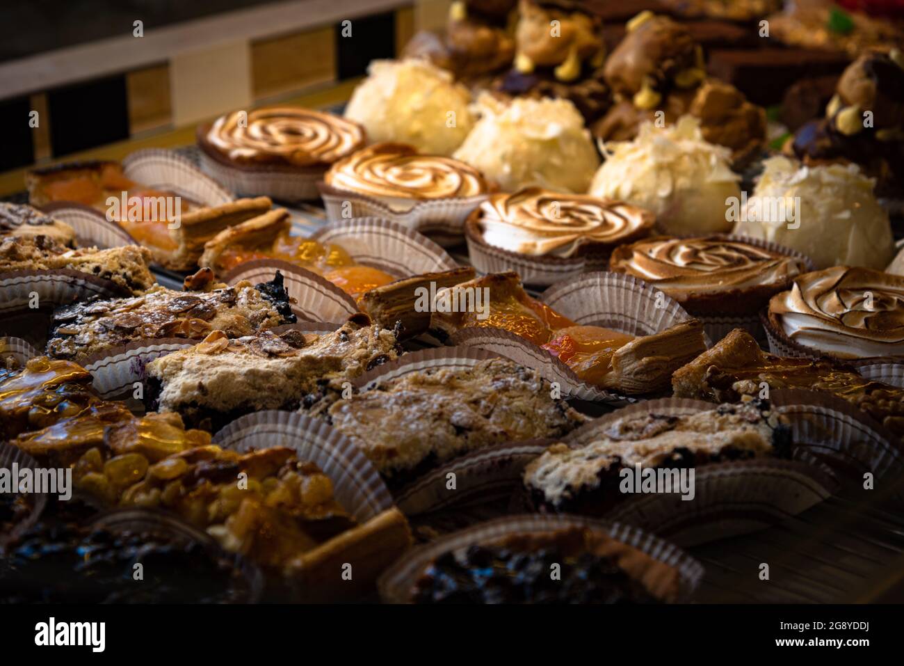 French traditional pastries from local organic ingredients on display ...