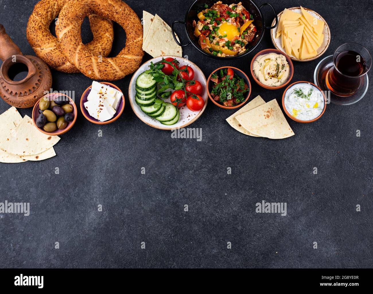 Traditional Turkish breakfast with meze and simit Stock Photo - Alamy