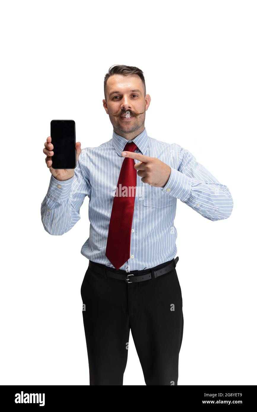 Vertical portrait of young businessman, office worker, manager with ...