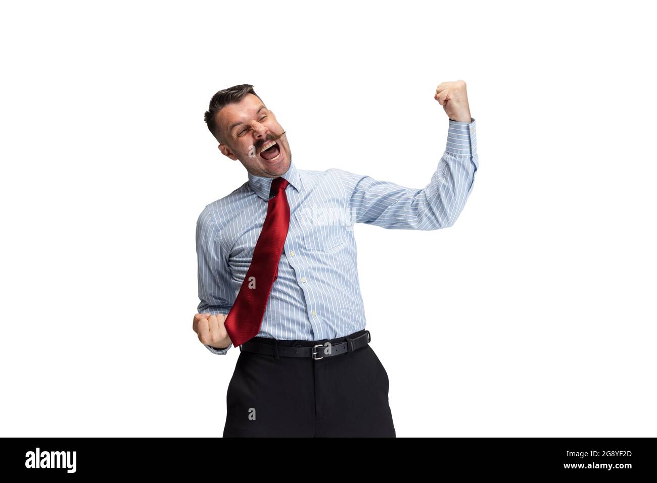 Win, success. Portrait of young businessman, office worker, manager ...