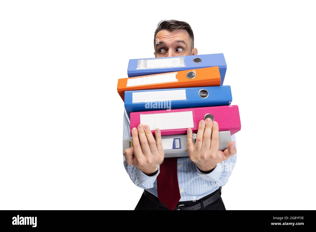Lots of documents. Portrait of young businessman, office worker with ...
