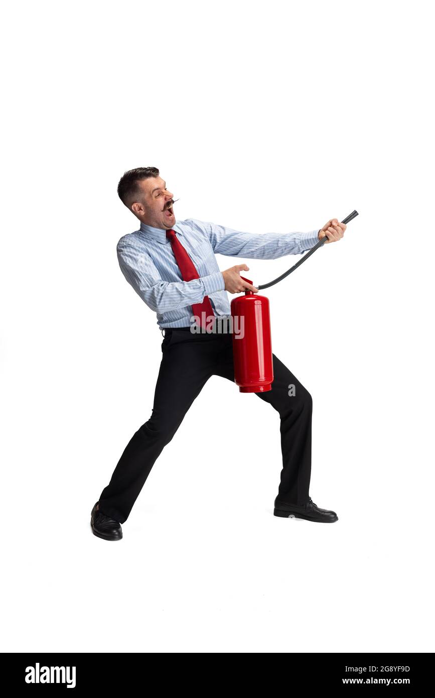 Putting out the fire. Portrait of young Caucasian man, office worker ...