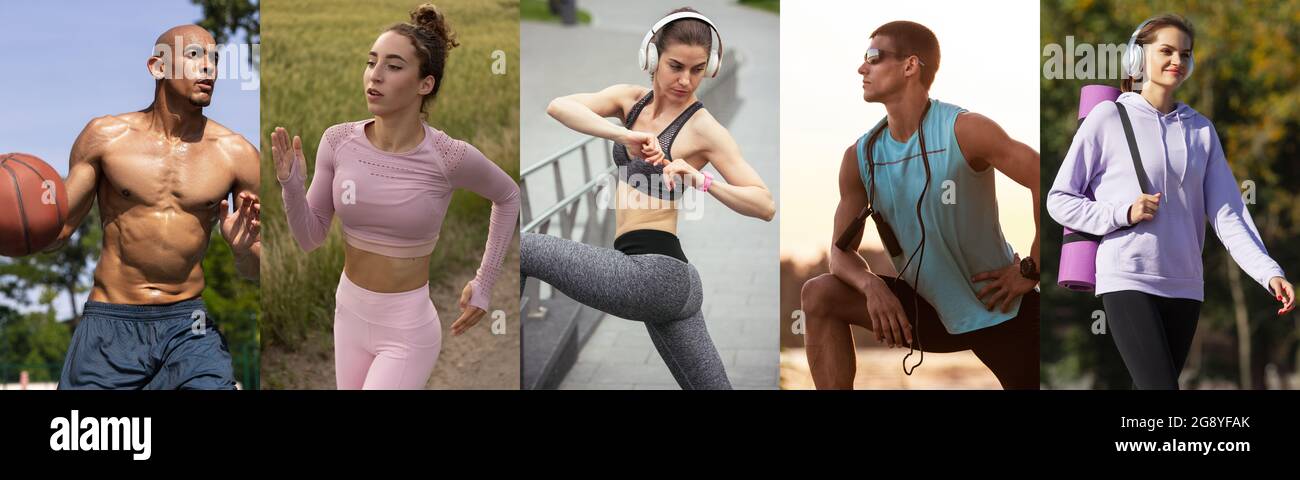 Collage about fit men and women at fitness training outdoors. Sport ...