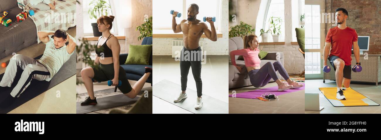 Young sportive men and women training at home, indoors. Sport, training ...