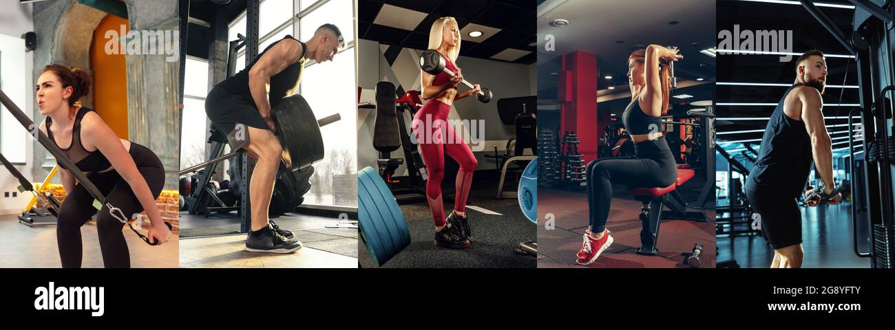 Collage about fit men and women at the fitness gym. Sport, training ...