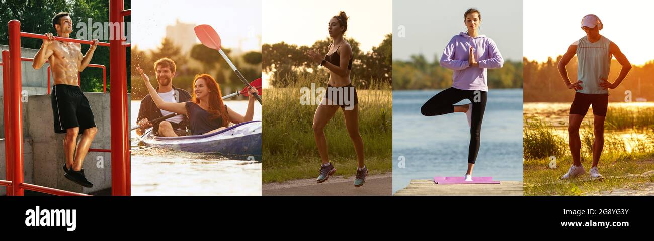 Collage about fit men and women at fitness training outdoors. Sport ...