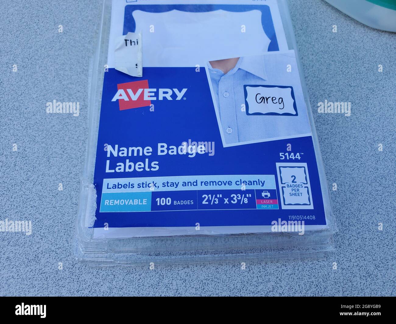 Close-up of box of Avery brand name badge labels, Lafayette, California ...