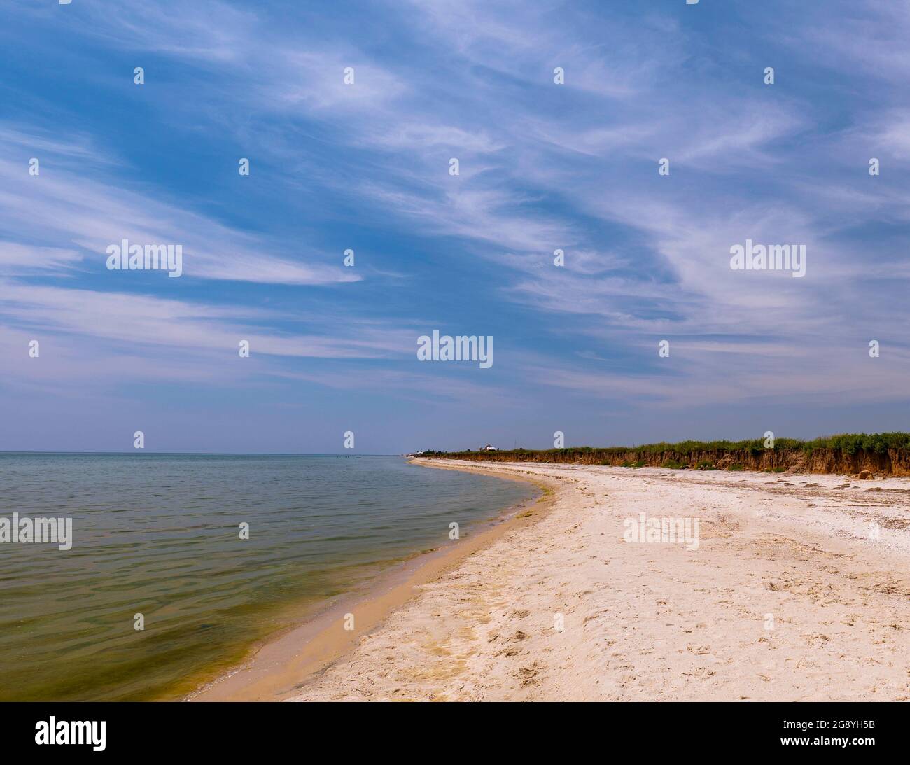 Long big beach near the sea. Seascape. Beautiful Black Sea. Blue sky ...