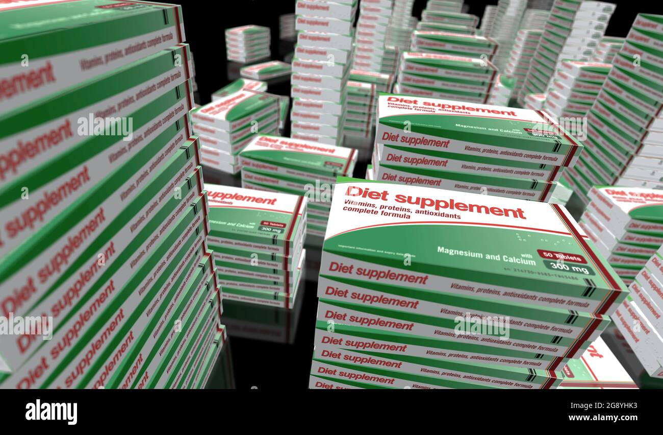 Diet supplement tablets box production line. Health vitamin pills pack ...