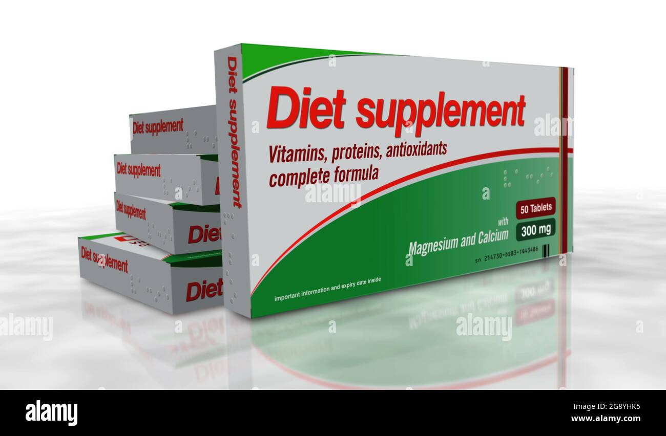 Diet supplement tablets box production. Health vitamin pills pack ...