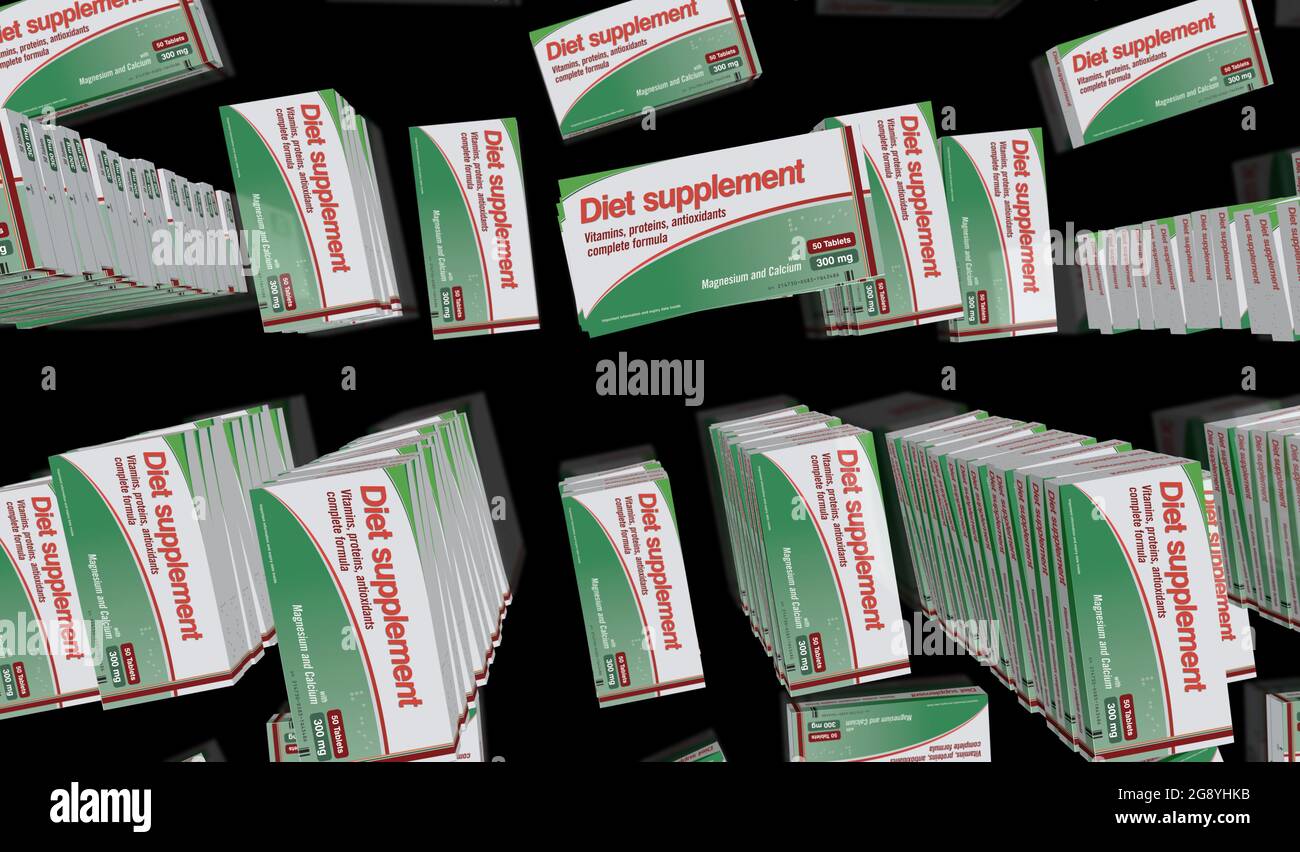 Diet supplement tablets box production line. Health vitamin pills pack ...
