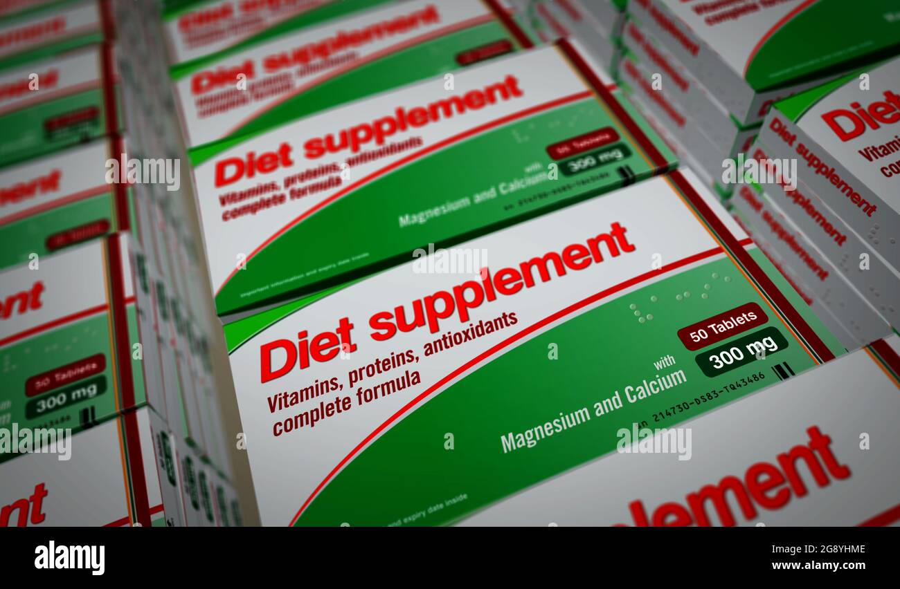 Diet supplement tablets box production line. Health vitamin pills pack ...