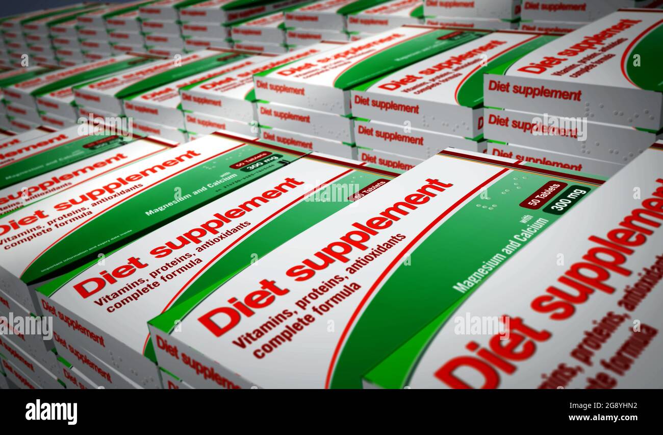 Diet supplement tablets box production line. Health vitamin pills pack ...