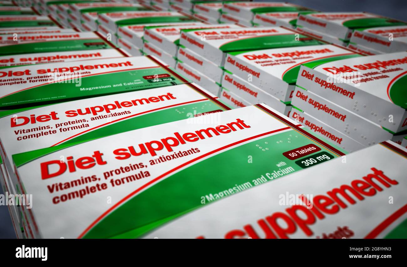 Diet supplement tablets box production line. Health vitamin pills pack ...