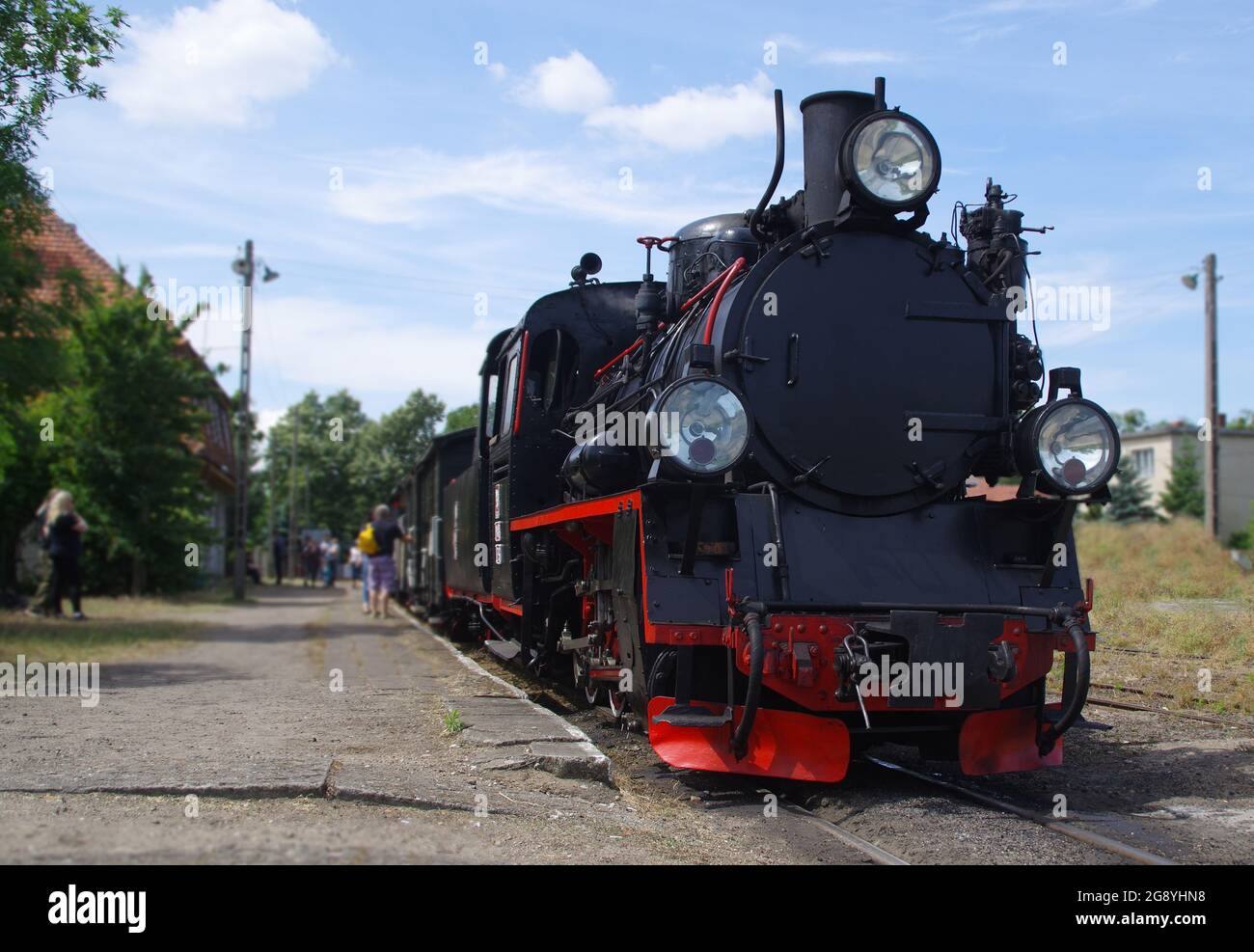 Steam locomotive on the track. Old train. Former rail transport Stock ...