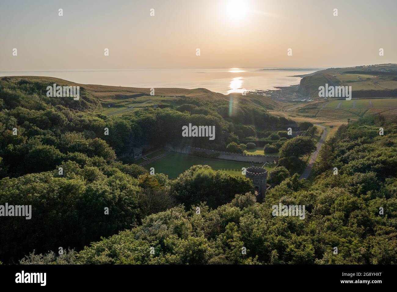 Evening Aerial view of Southerndown Beach, Wales, United Kingdom Stock ...
