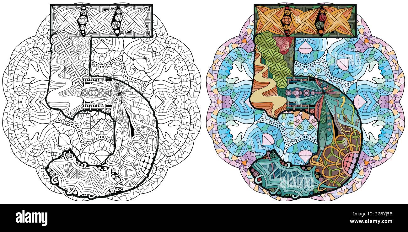 Hand-painted art design. Illustration mandala with numero five. Colored ...