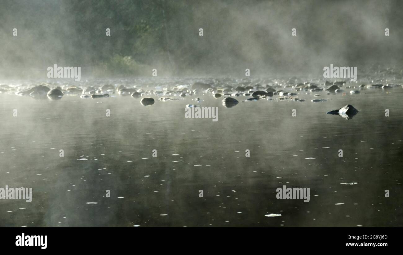 Charm of morning mist. Haze and spray on rapids of mountain river. Ray ...
