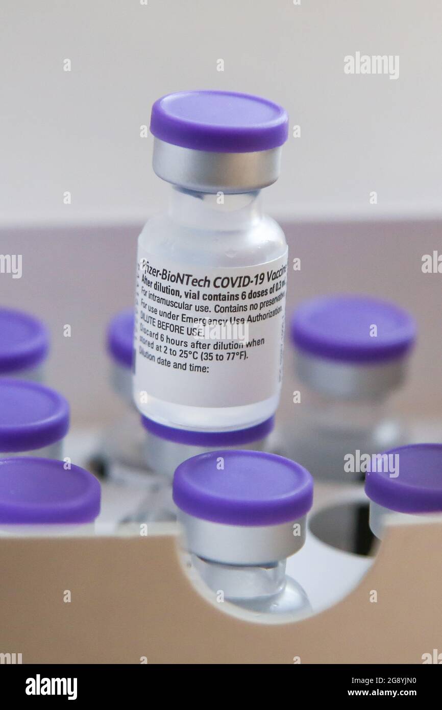 Vials of Pfizer/ BioNTech Covid-19 vaccine at a vaccination centre in ...