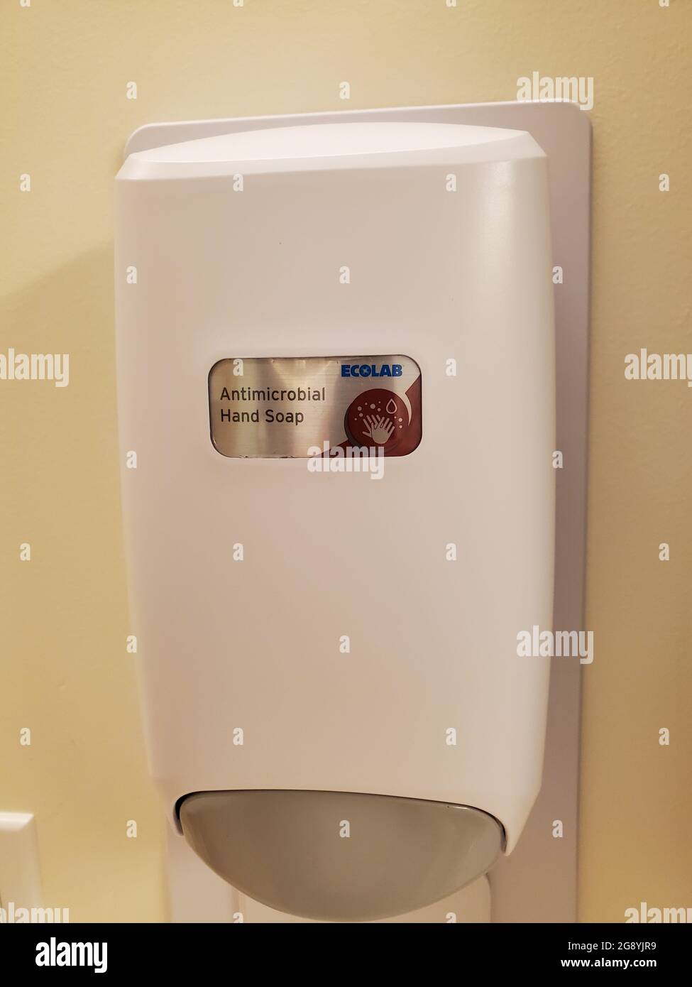 United States. 18th Apr, 2021. Close-up of a wall-mounted dispenser ...