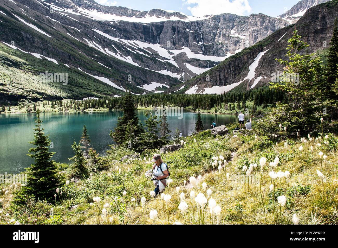 Young woman hiker at Bullhead Lake, Swiftcurrent Valley, beargrass in ...
