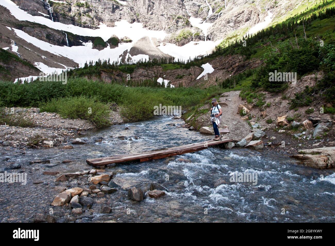 Young woman hiker crossing log footbridge hi-res stock photography and ...